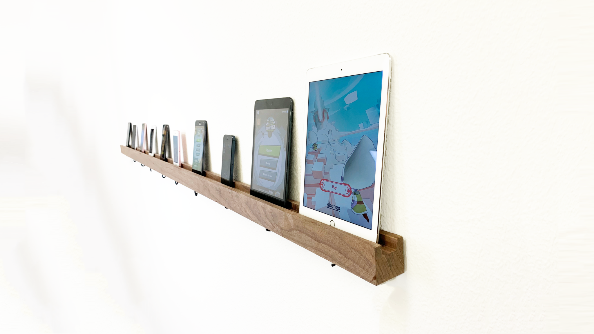 The Device Shelf — Timeless Wood Cradle for Digital Gadgets
